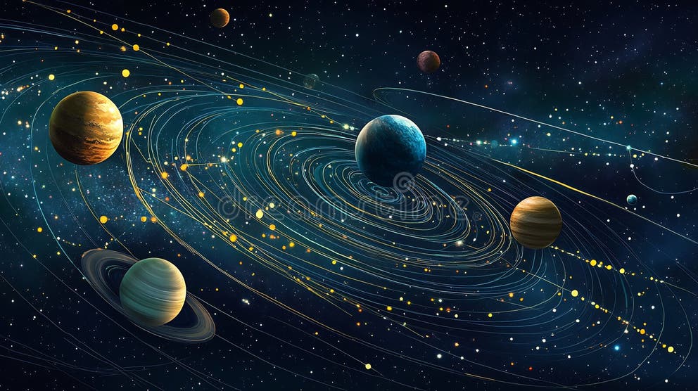 Celestial Orbits and Cosmic Evolution in Planetary Alignment Art Stock ...