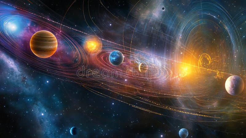 Celestial Orbits and Cosmic Evolution in Planetary Alignment Art Stock ...