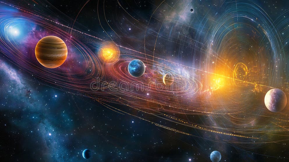 Celestial Orbits and Cosmic Evolution in Planetary Alignment Art Stock ...