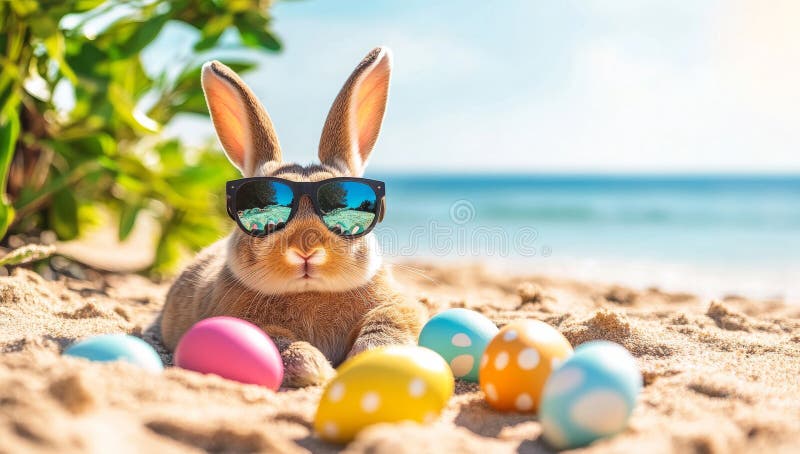 A Depiction of the Easter Bunny on a Beach, Holding Easter Eggs Stock ...