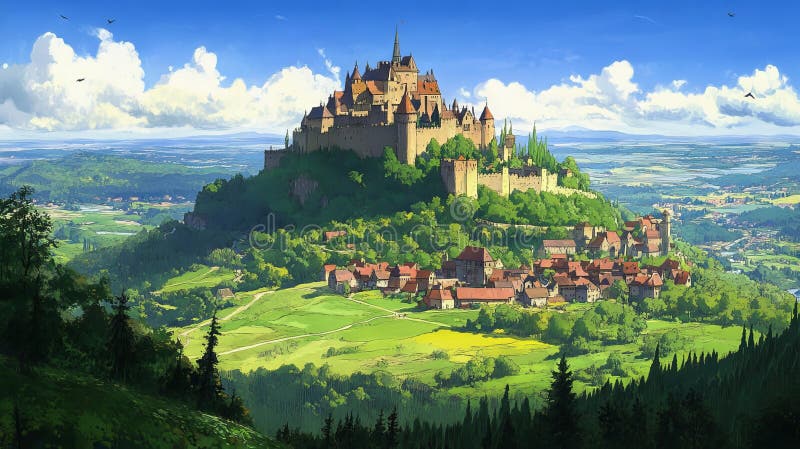 A Depiction of a European Medieval Castle in a Modern Anime Style ...