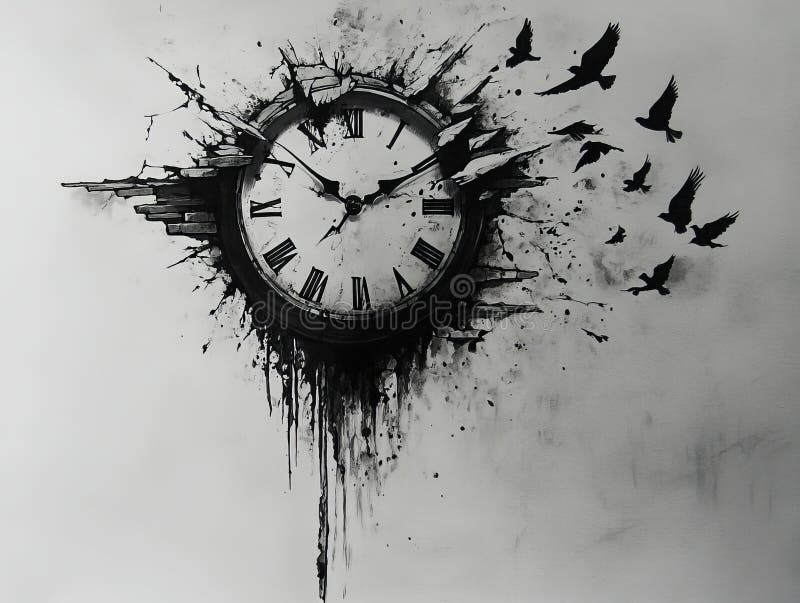 A Depiction of a Fragmented Clock with Hands Adrift, Symbolizing Time ...