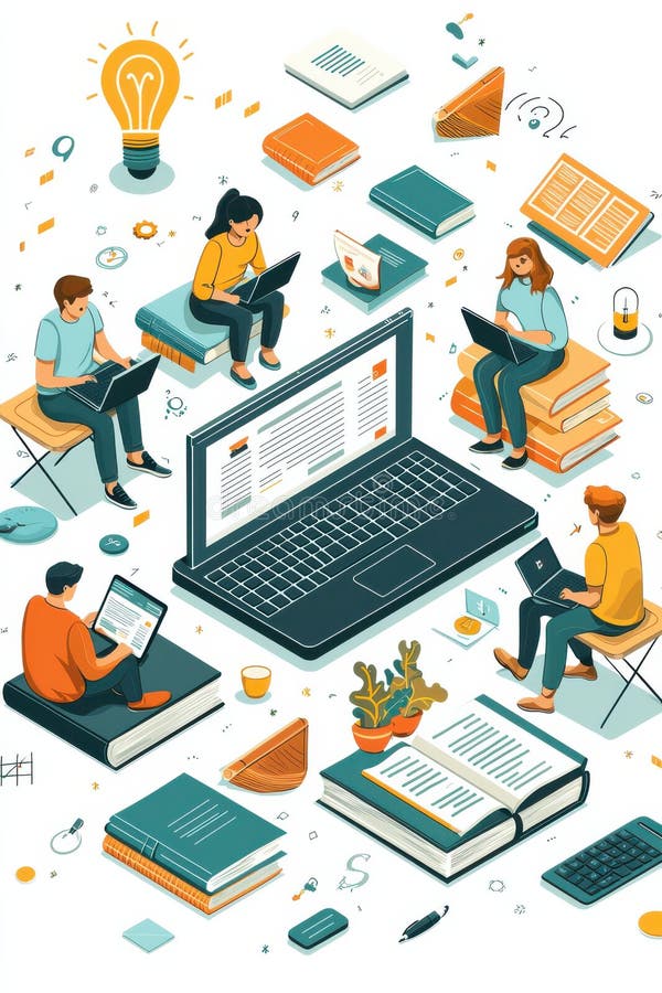 Students Using Laptops for Learning Surrounded by Books and Educational ...