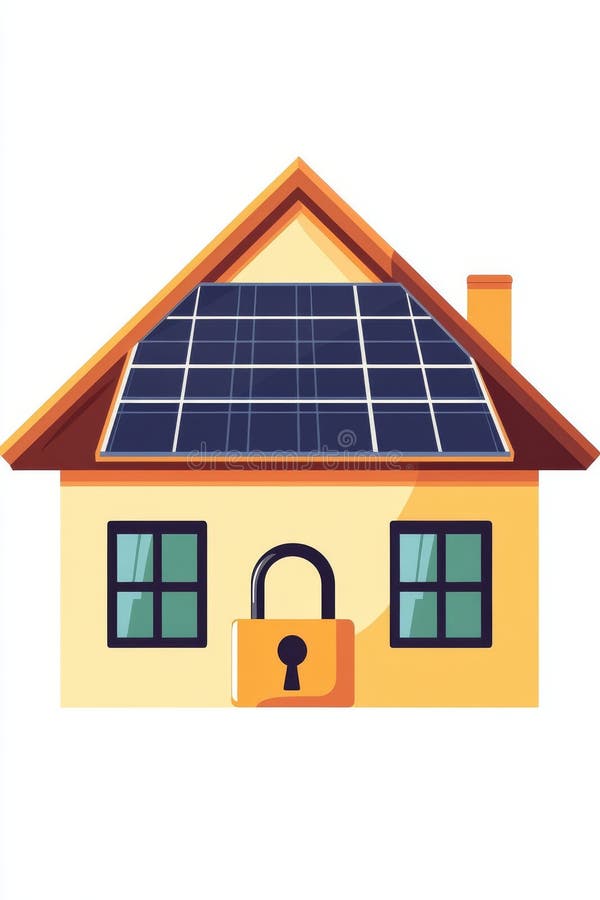 A Depiction of a House with Solar Panels and a Security Lock Emblem ...