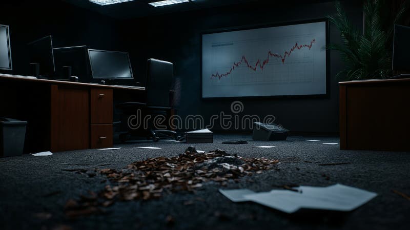 Chaotic Office Scene with Papers Scattered on the Floor Near Desks ...