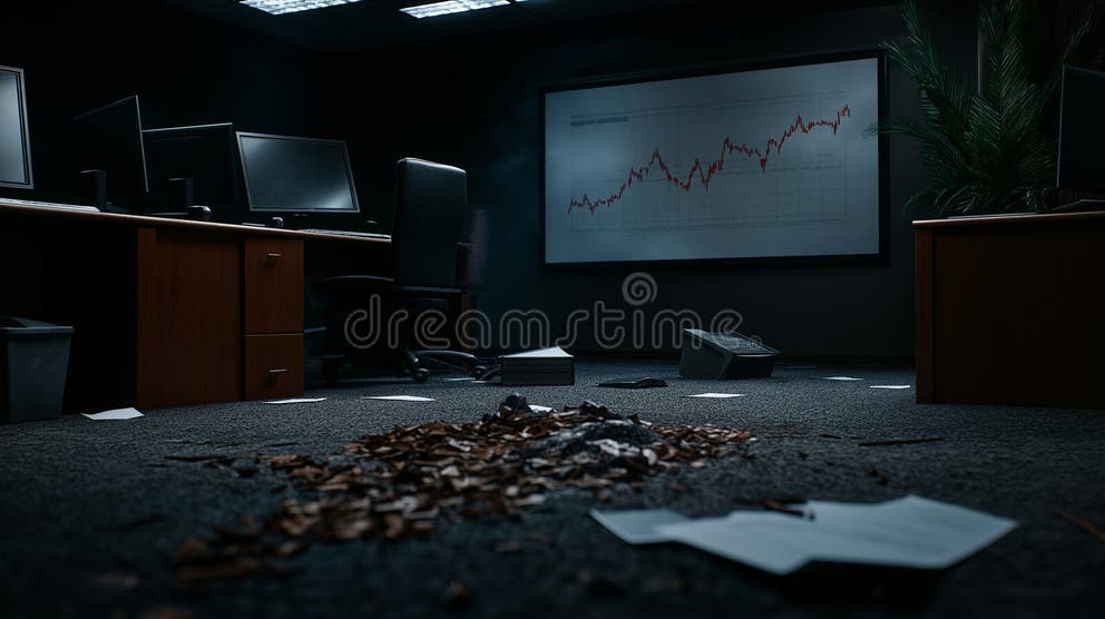 Chaotic Office Scene with Papers Scattered on the Floor Near Desks ...