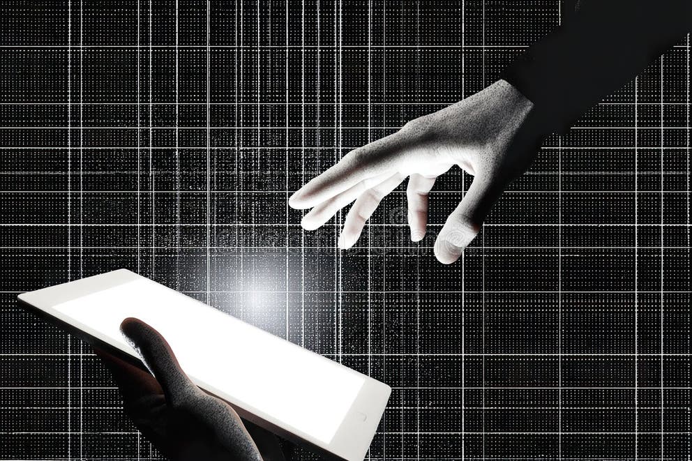 Abstract Glowing Tablet with Hand Reaching on Grid Transparent ...