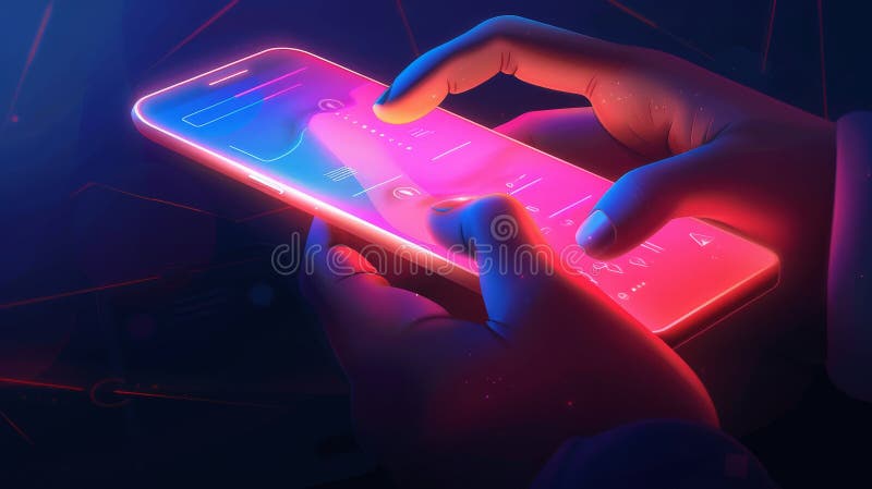 Depicts Hands Holding a Modern Smartphone with a Bright Screen ...