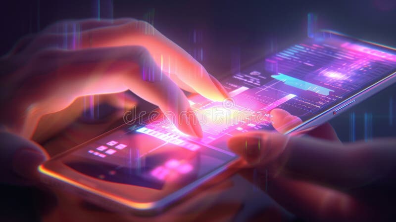 Depicts Hands Holding a Modern Smartphone with a Bright Screen ...