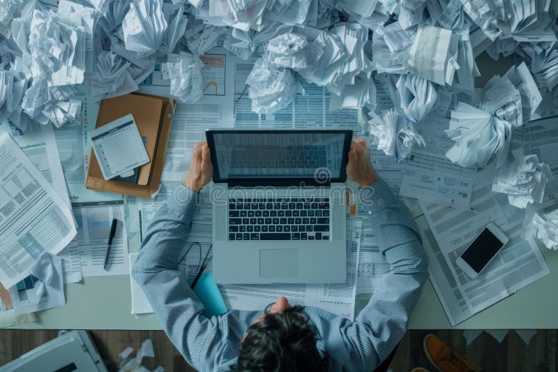 Stressed Worker Overwhelmed by Paperwork and Deadlines in Office ...