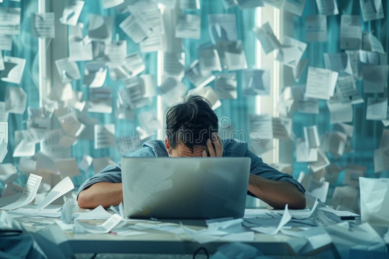Stressed Worker Overwhelmed by Paperwork and Deadlines in Office ...