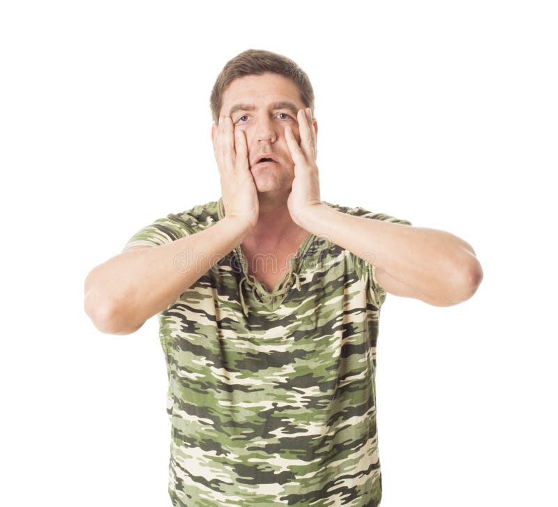 Depressed and Anxious Man on White Background Stock Image - Image of ...