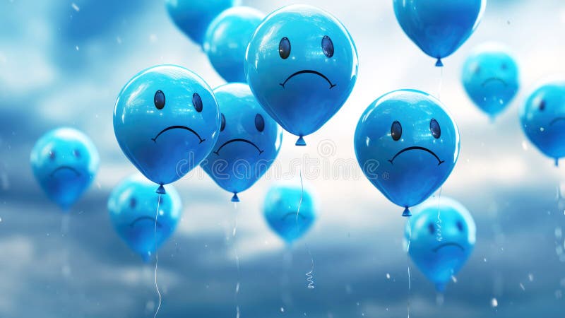 Depressed Blue Balloons Float in the Air in Rainy Sky. the Balloons are ...