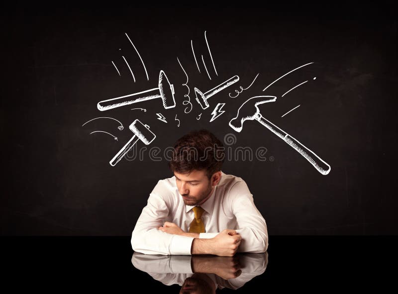 Depressed Businessman Sitting Under Hammer Marks Stock Image - Image of ...