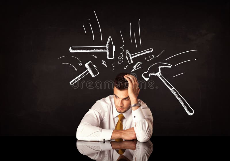 Depressed Businessman Sitting Under Hammer Marks Stock Image - Image of ...
