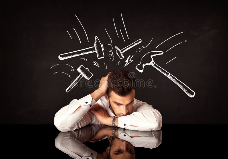 Depressed Businessman Sitting Under Hammer Marks Stock Image - Image of ...
