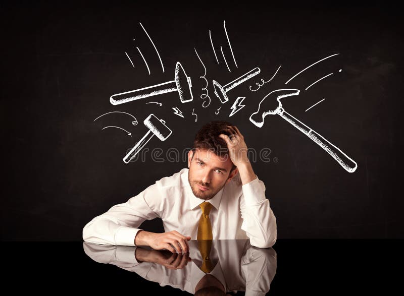Depressed Businessman Sitting Under Hammer Marks Stock Photo - Image of ...