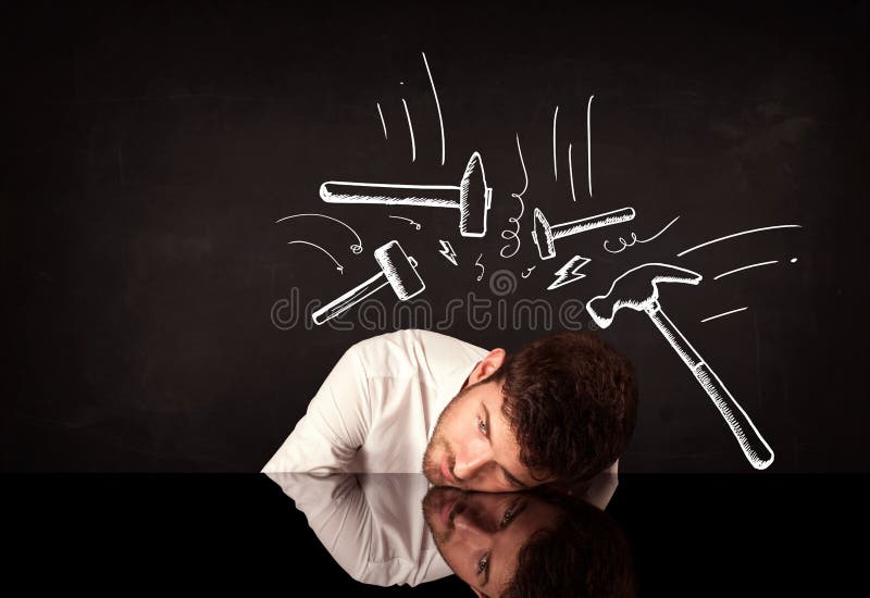 Depressed Businessman Sitting Under Hammer Marks Stock Image - Image of ...