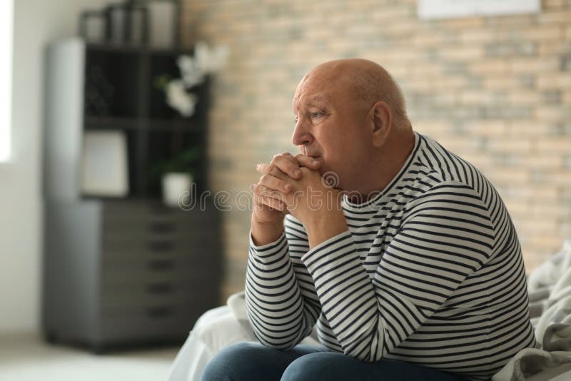 Depressed Elderly Man at Home Stock Photo - Image of bedroom, emotional ...