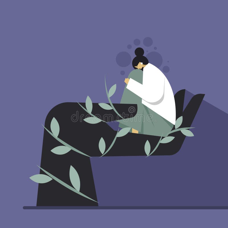 A Depressed Girl Sitting on a Big Comforting Hand Stock Vector ...
