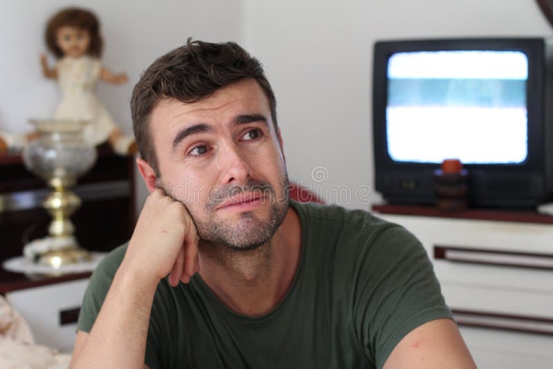 Depressed Looking Man Crying at Home Stock Photo - Image of expression ...