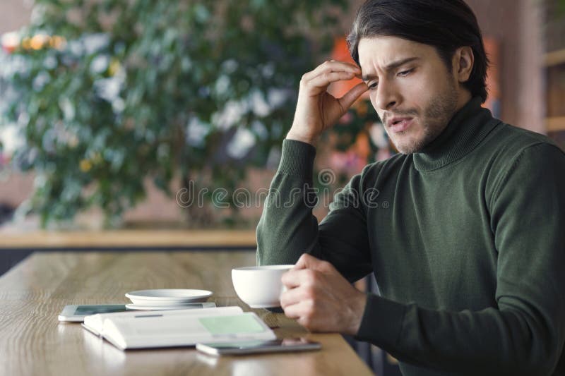 Depressed Man Having Problems with Job, Drinking Coffee at Cafe Stock ...