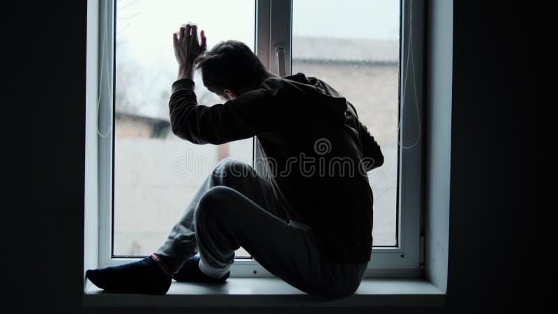 Depressed Man Looking Out the Window. Depression or Sadness Stock Video ...
