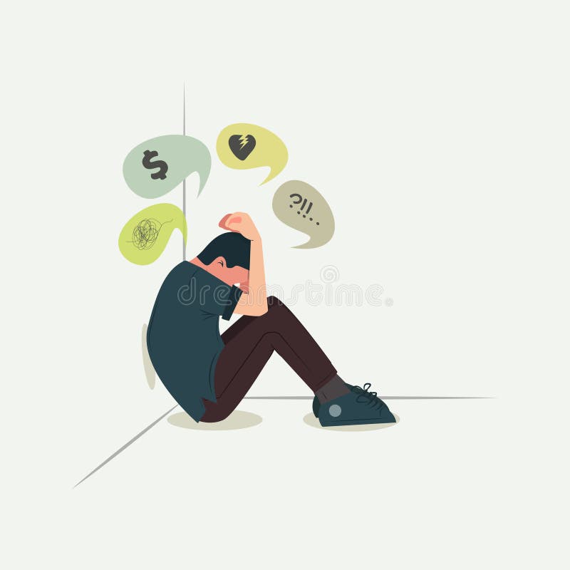 Depressed Sad Man Thinking Over Problems Vector Illustration Stock ...