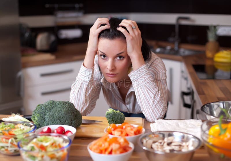 Depressed and Sad Woman in Kitchen Stock Photo - Image of indoors ...