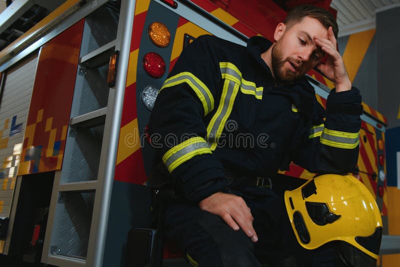 Depressed and Tired Firefighter Near Fire Truck Stock Photo - Image of ...