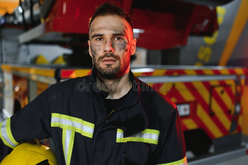 Depressed and Tired Firefighter Near Fire Truck Stock Image - Image of ...
