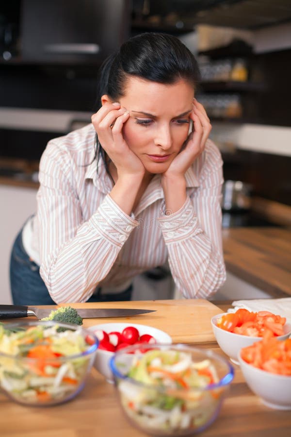 Depressed and Sad Woman in Kitchen Stock Photo - Image of indoors ...