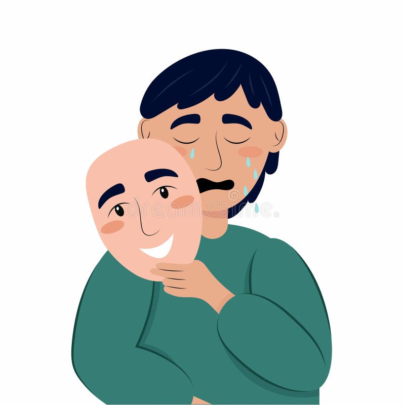 A Crying Young Man with Depression Hides Behind a Mask Depicting a ...