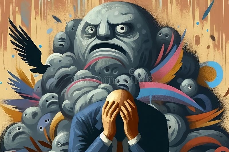 Depression and Anxiety Cartoon Art on Man Character Stock Illustration ...