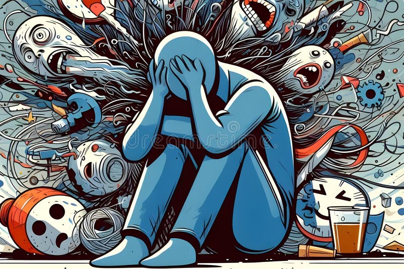 Depression and Anxiety Cartoon Art on Man Character Stock Illustration ...