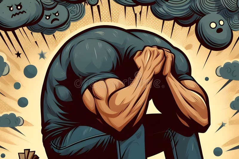 Depression and Anxiety Cartoon Art on Man Character Stock Illustration ...