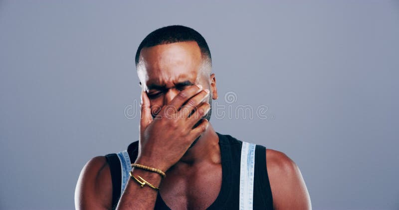 Depression, Crying and Face of Black Man in a Studio with Upset, Worry ...