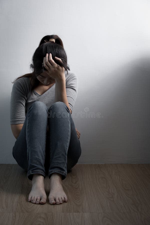 Depression Woman Sit on Floor Stock Image - Image of floor, emotional ...