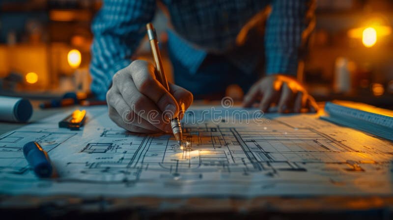 An in-Depth Exploration of an Architect Crafting Detailed Blueprints at ...