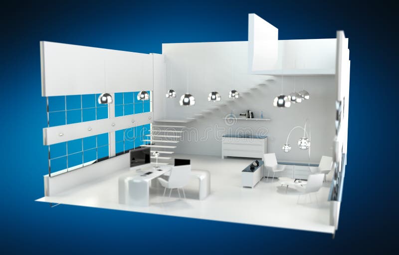 Depth of Focus on Modern White Office Interior 3D Rendering Stock ...