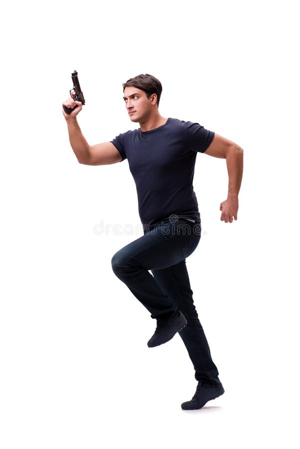 Der Aggressive Junge Mann Mit Dem Gewehr Lokalisiert Auf Weiß Stockbild ...