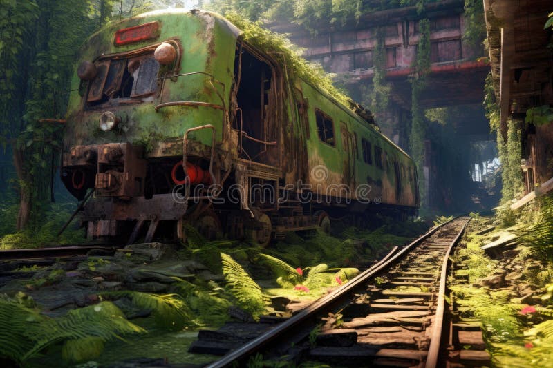 Derailed Train Car with Nature Reclaiming the Area Stock Illustration ...