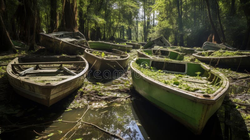 Derelict Boats in Swamp, Eerie Graveyard of Vessels Stock Illustration ...