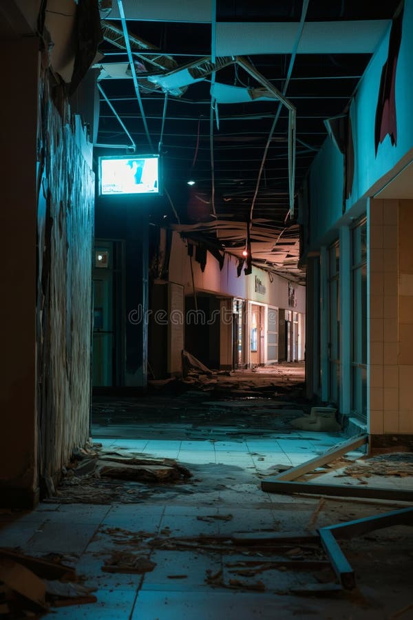 Derelict Building with Ceiling Damage and Visible Debris on the Floor ...