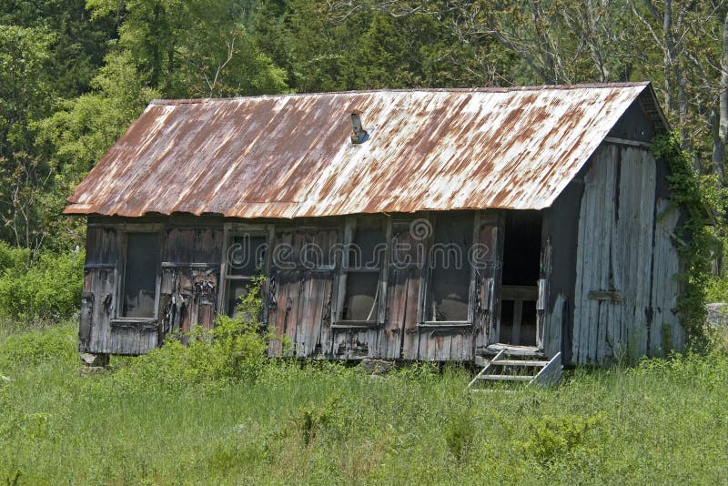 Derelict Cabin with Rusty Tin Roof Stock Photo - Image of decay, hovel ...