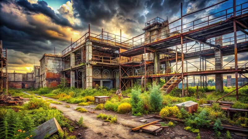 Derelict Construction Site Weathered Scaffolding and Scattered Building ...