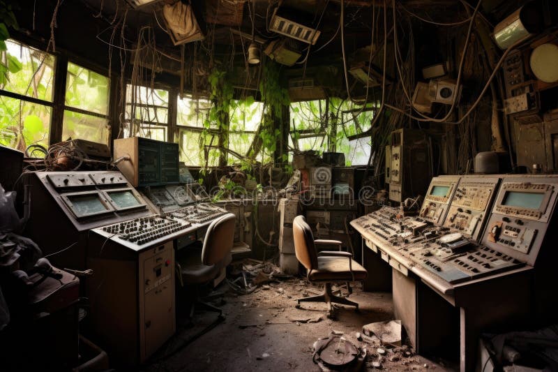 Derelict Control Room Filled with Debris Stock Illustration ...