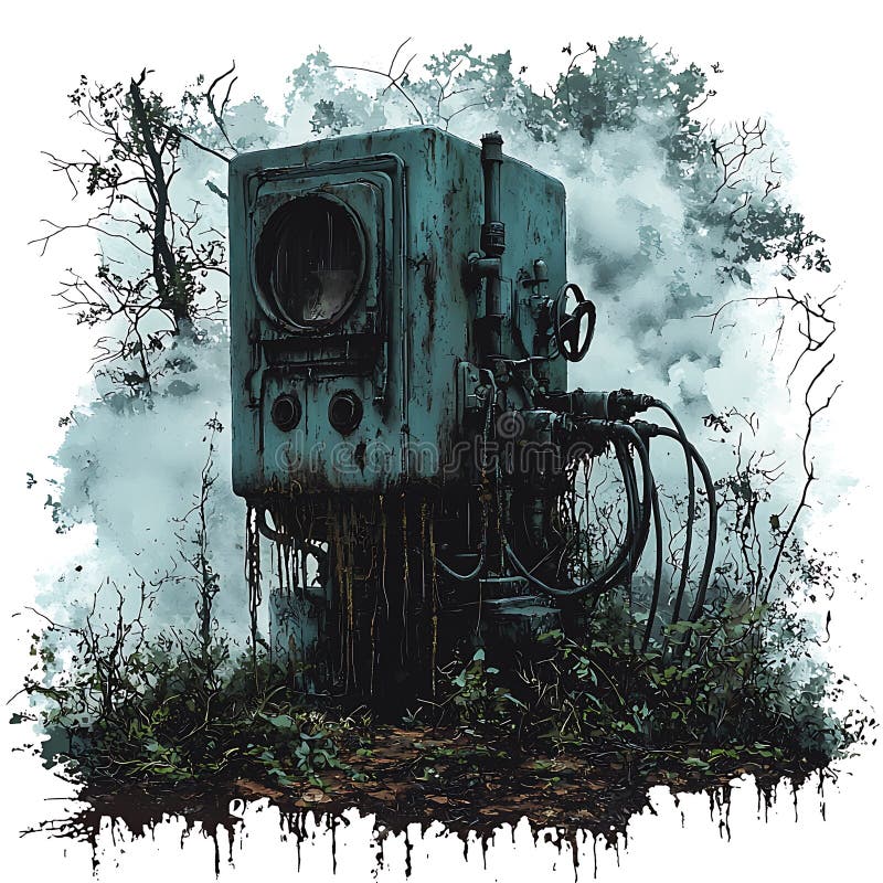 Derelict Machine in a Misty Forest a PostApocalyptic Scene Stock ...
