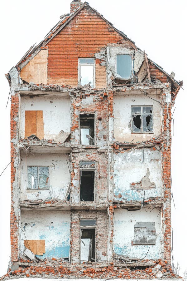 Derelict Multi Story Brick Building Isolated on White Background Stock ...