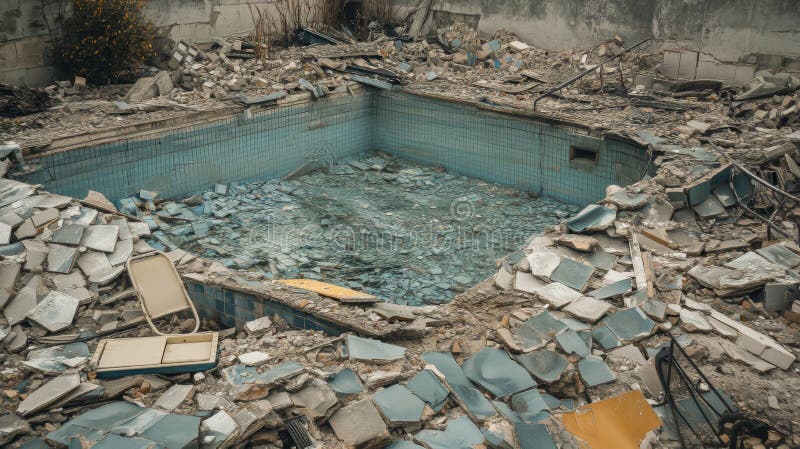 A Derelict Swimming Pool Filled with Debris and Rubble Stock ...